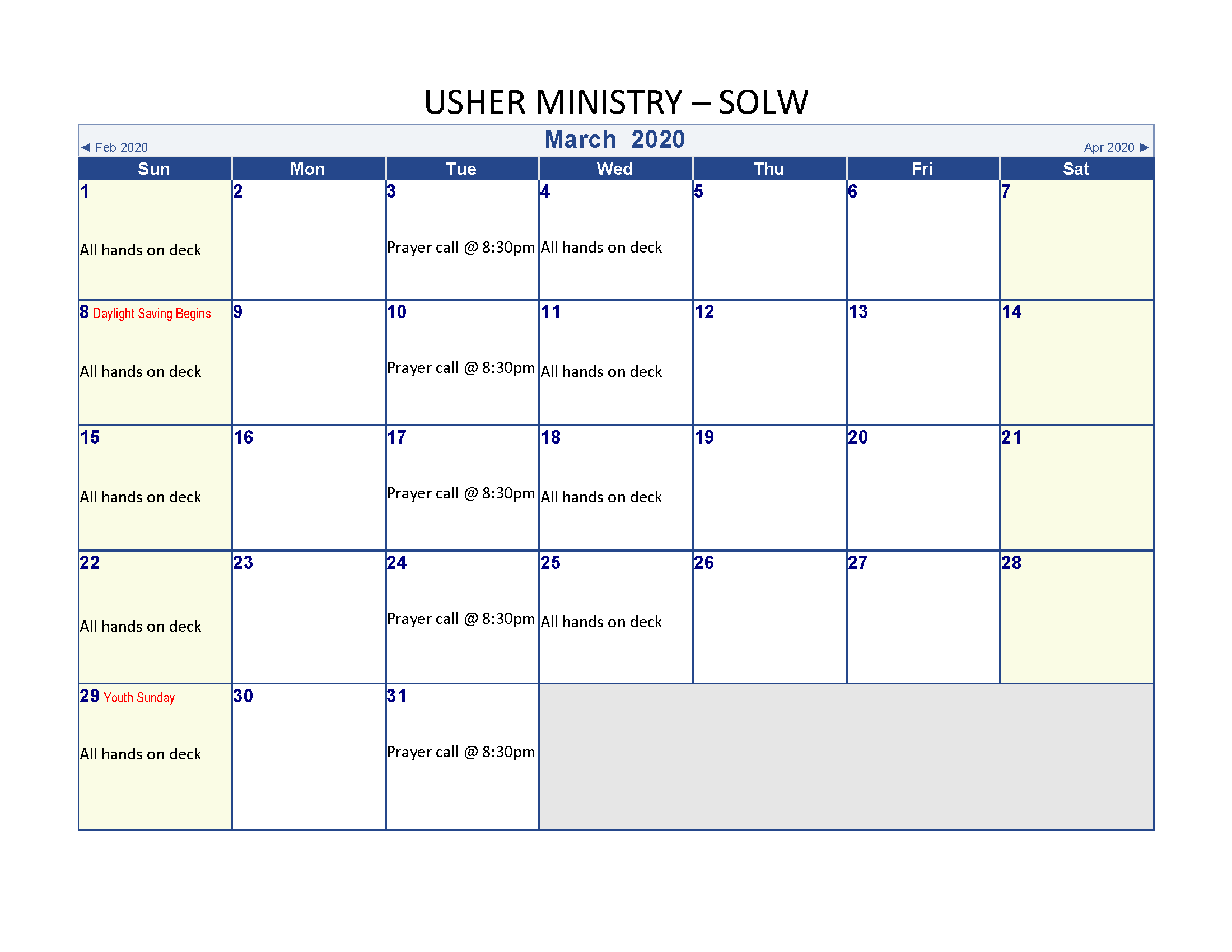 Ministry Calendars